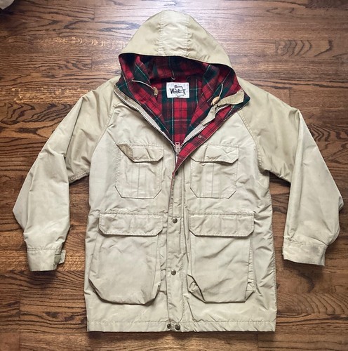 VTG 80s Woolrich Hooded Jacket Mens Large Rain Parka Chore Plaid Wool ...