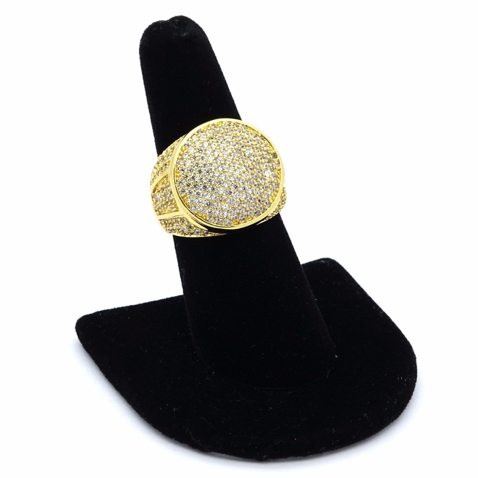 Men HQ 14K Gold Plated Round Side Iced Cubic-Zirconia Hip Hop Ring ...