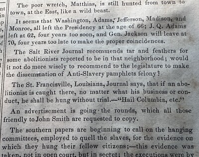 1835 Cincinnati Newspaper Southern Slave Hanging - Abolitionist Tar And ...