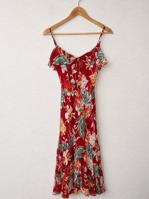 ICE Size 8 Y2K/vintage Red Floral Fishtail Midi Dress 100% Silk | eBay UK