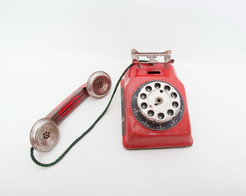 Vintage Tin Toy Phone - N.N. Hill Brass Co - Red Childs Phone - Spin ...