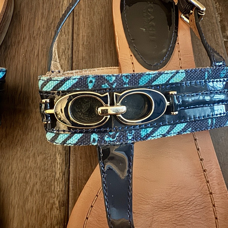 Coach Sammy Sling Back Buckle Flat Thong Sandals Navy Blue Patent 8B | eBay