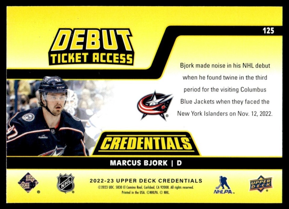 2022-23 Credentials Debut Ticket Access Marcus Bjork Rookie Columbus Blue | eBay