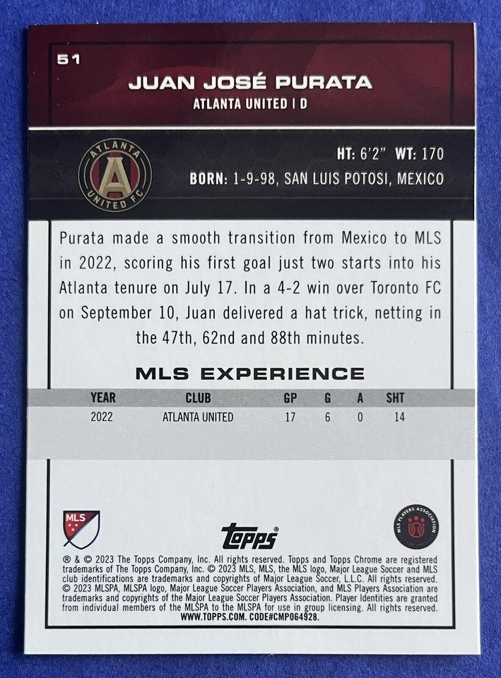 Juan Jose Purata 2023 Topps Chrome MLS PINK XFRACTOR PARALLEL #51 ...