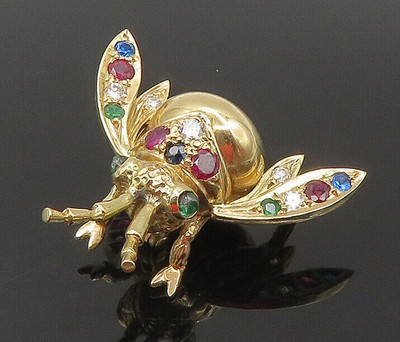 14K GOLD - Vintage Gemstones & Genuine Diamonds Flying Insect Brooch ...