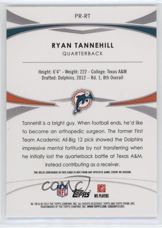 2012 Topps Prime Relics 170/266 Ryan Tannehill #PR-RT Rookie RC 0i1b | eBay