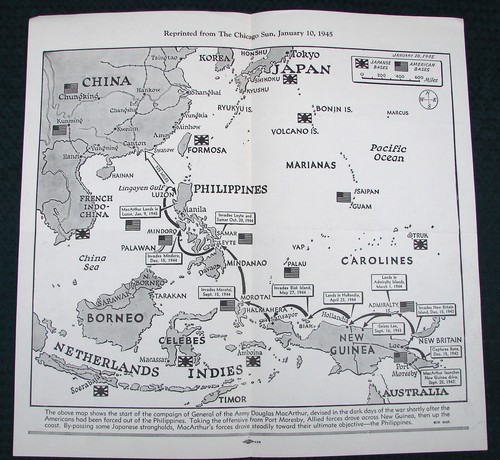 OPC Vintage Chicago Sun Reprint 1945 MacArthur Campaign Map 12.5x 12 ...