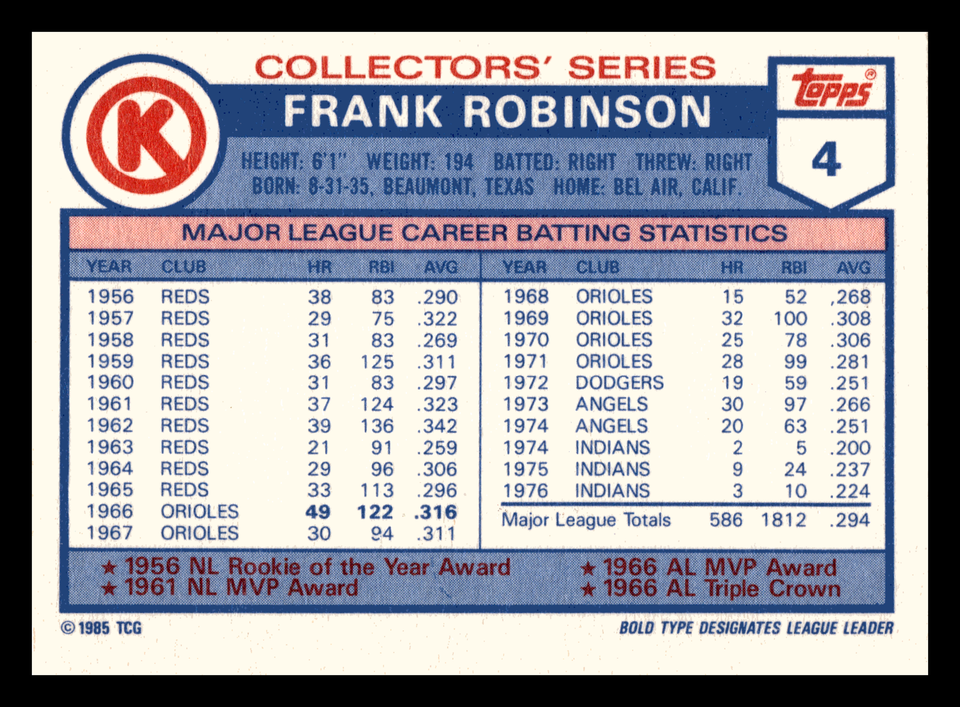 1985 Topps Circle K Frank Robinson Cincinnati Reds HOF #4 Near Mint NM ...