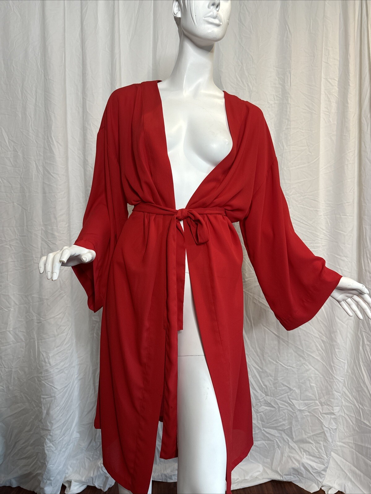 Iris LINGERIE Red Sheer Belted Kimono Robe Sz M - Gem