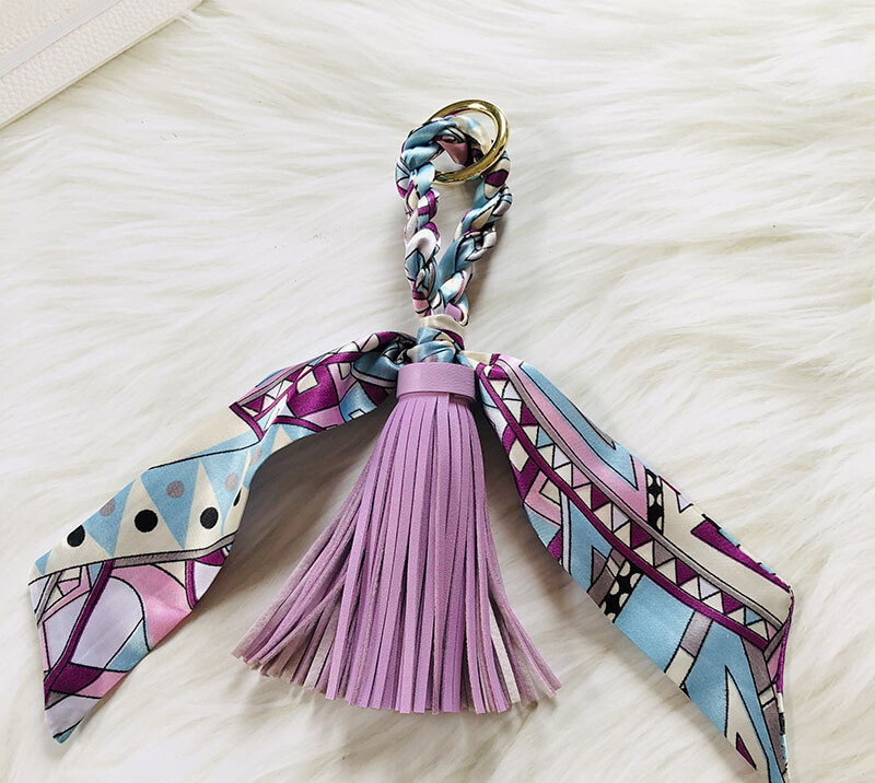 Classic Satin Scarf Tassel Faux Leather Key Chain Pendant Bag Charm Car ...