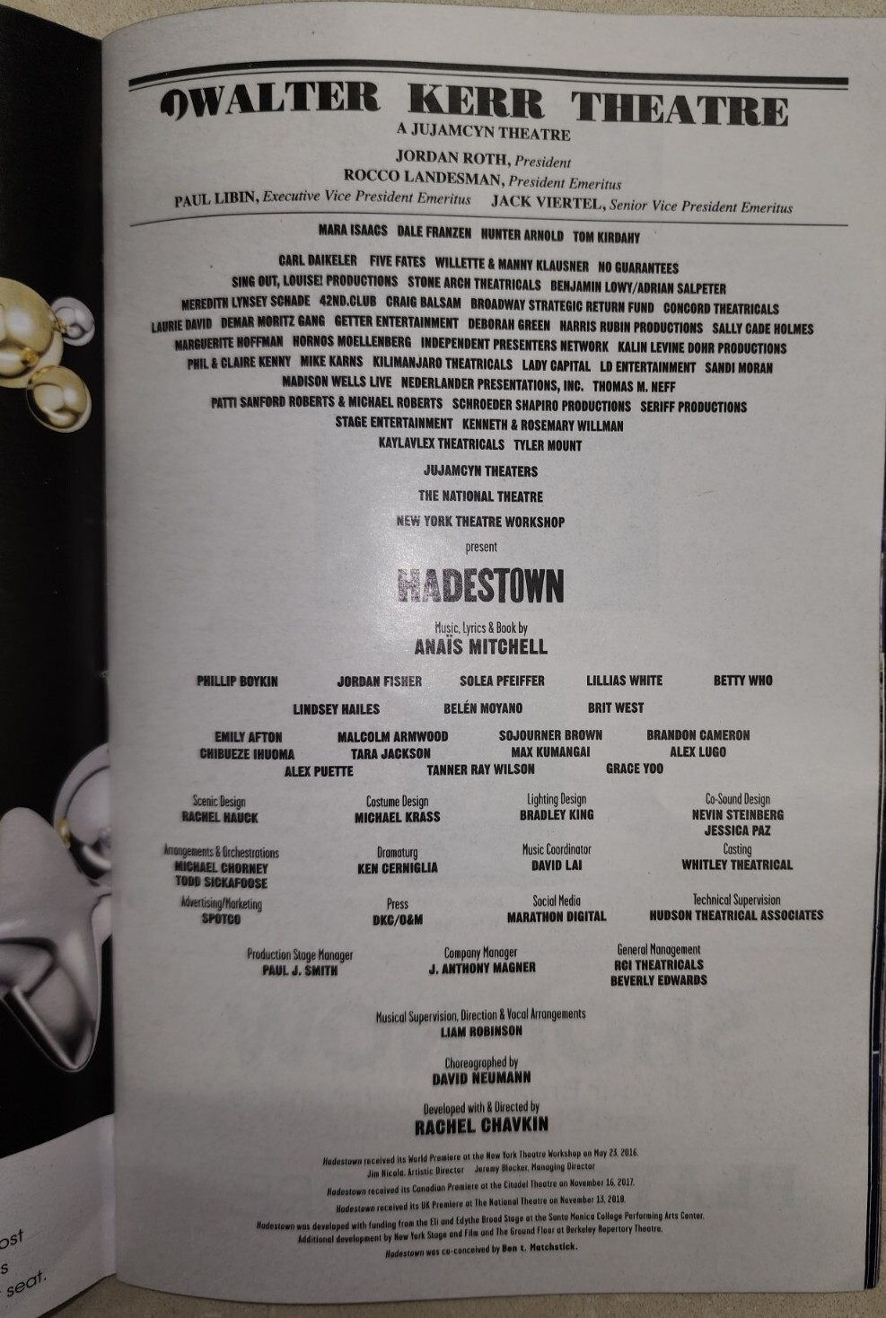 HADESTOWN PLAYBILL ORIGINAL BROADWAY CAST WALTER KERR THEATER NY ...