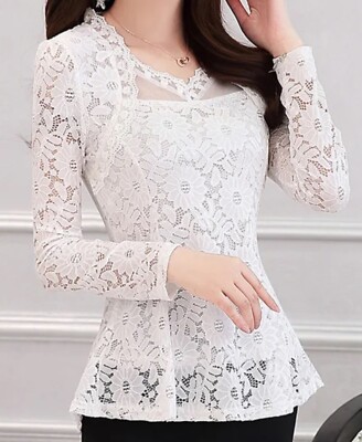 Fashion Lady Sheer Blouse Top Lace Shirt Hollow Out Ruffle Flower Slim ...