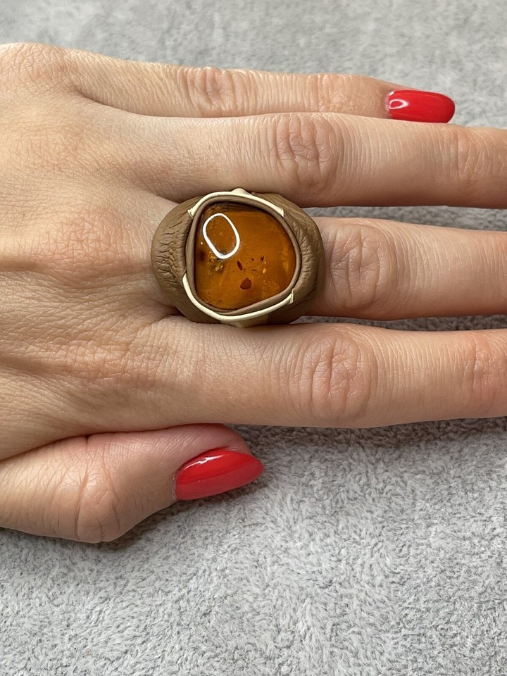 GENUINE BALTIC AMBER RING with LEATHER. Adjustable AMBER RING With ...
