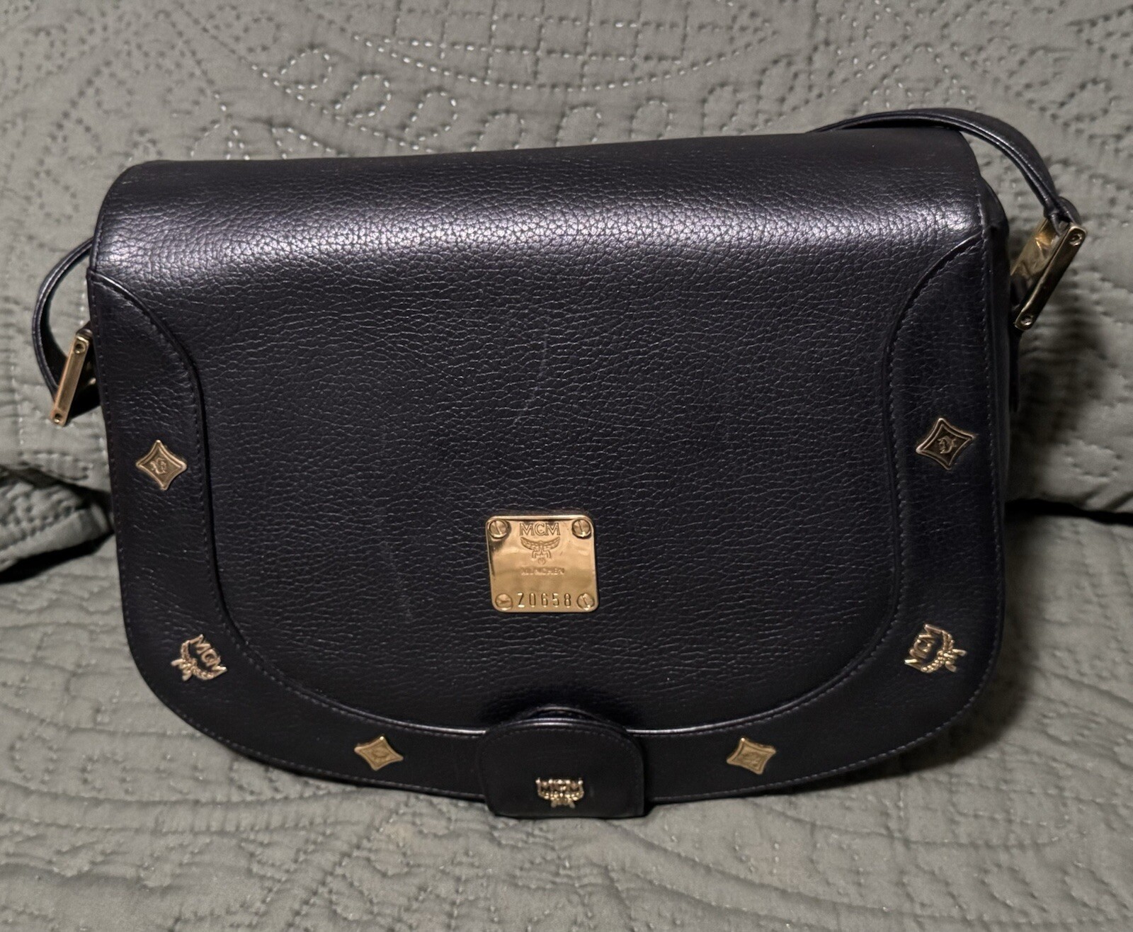 MCM Logo Plate Icon Black Leather Shoulder Bag - Pre-… - Gem