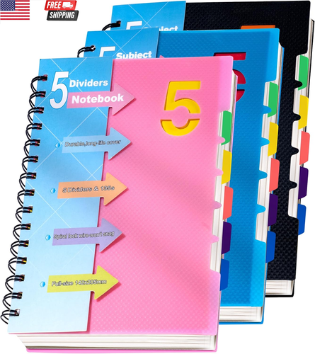 3 Pack 5 Subject Notebook with Dividers 220 Pages Spiral Notebooks with ...
