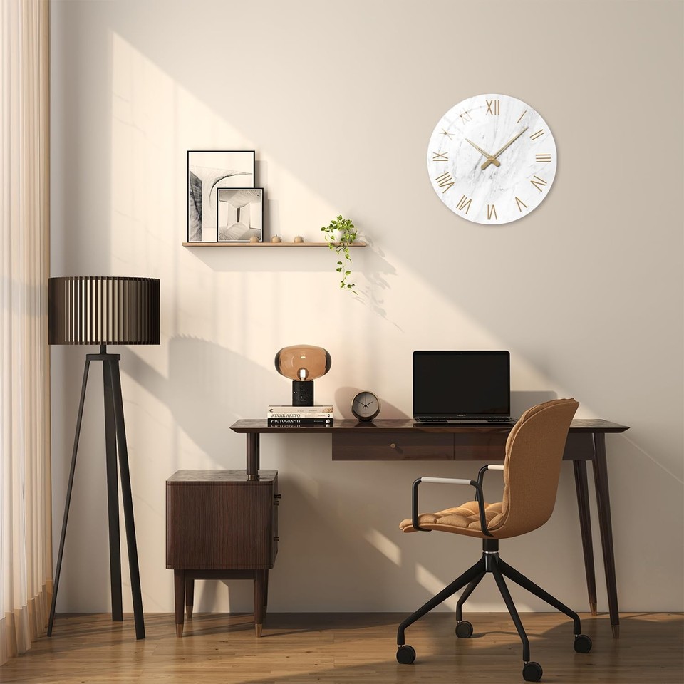 Round Marble Battery Wall Clock Modern 14 Inch White Minimalist Wall ...