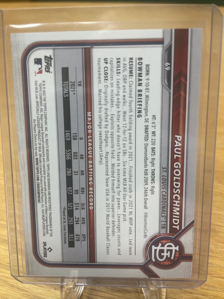 2022 Bowman #69 Paul Goldschmidt /499 Sky Blue Parallel Card Cardinals ...