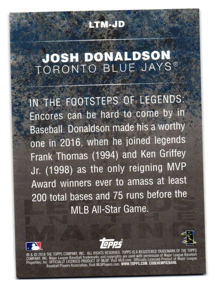 2018 Topps # LTM-JD Josh Donaldson Toronto Blue Jays | eBay