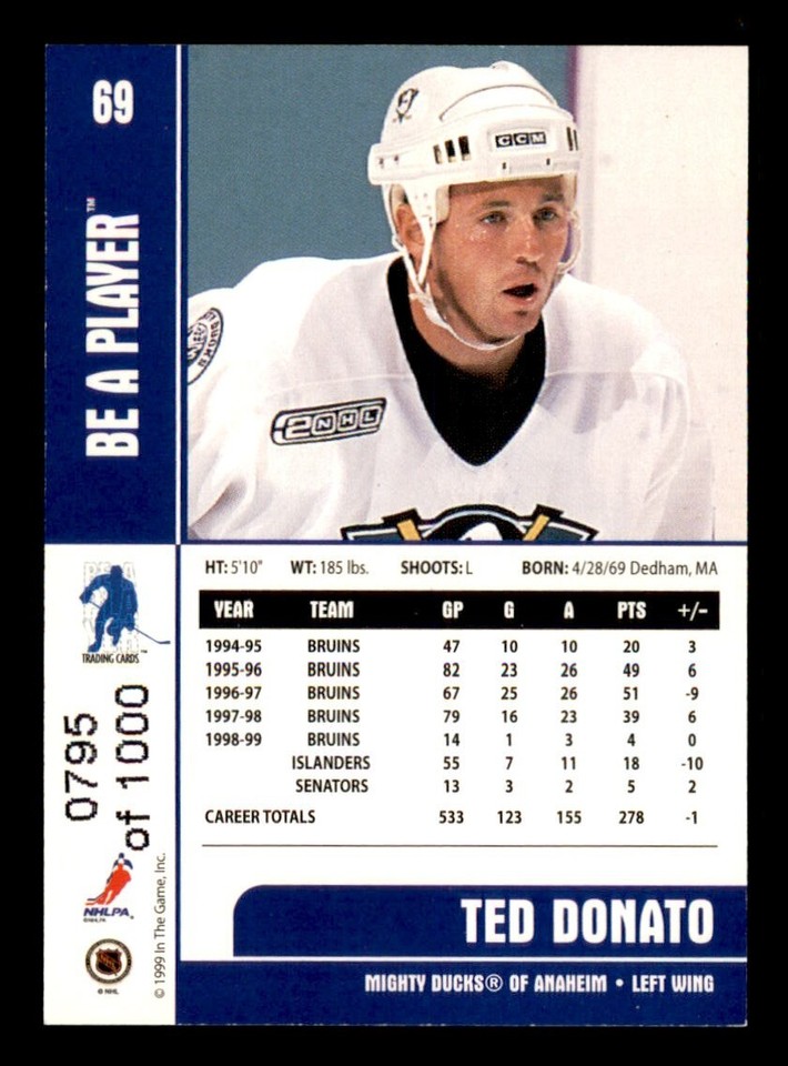 1999-00 BAP Memorabilia Silver #69 Ted Donato Anaheim Ducks 0795/1000 ...