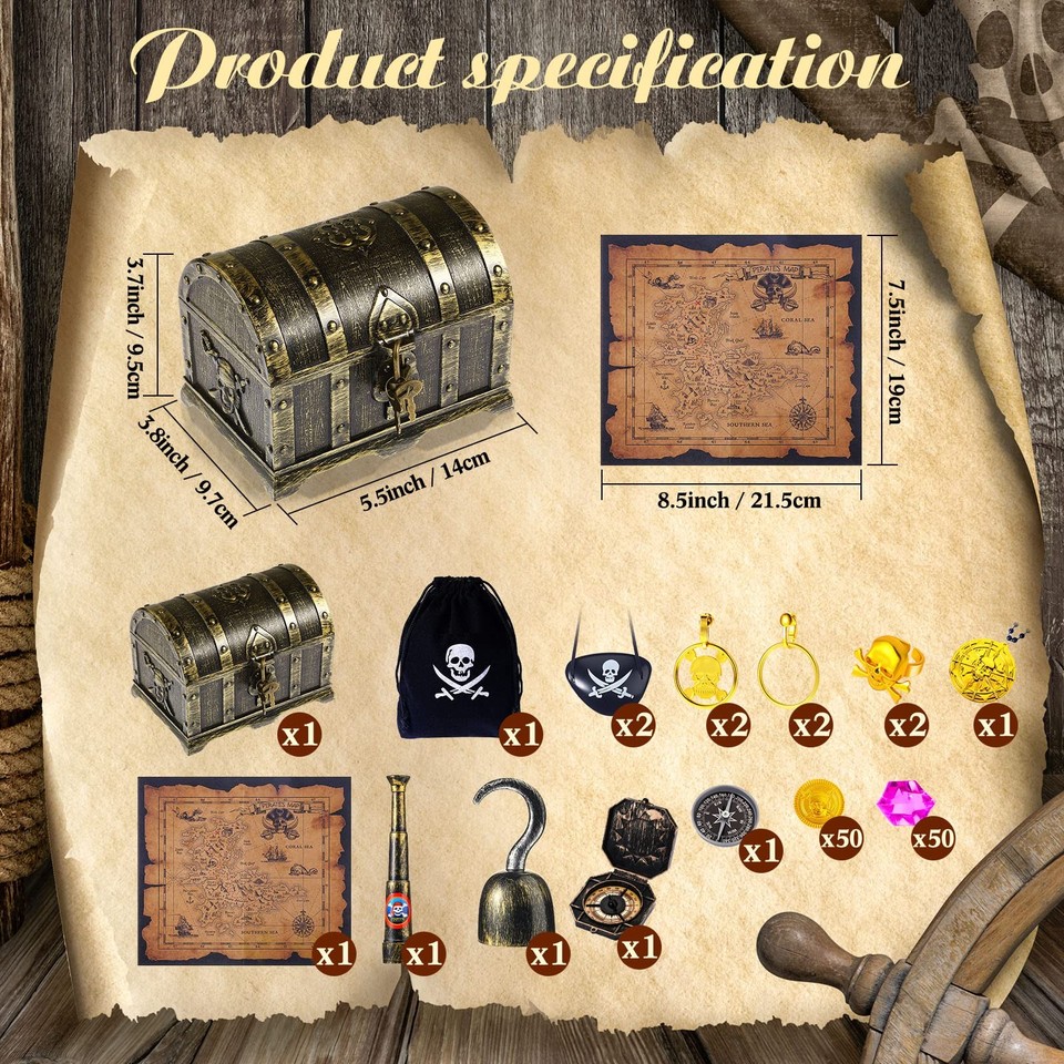 Sratte 116 Pcs Pirate Treasure Toys, Treasure Box with Coins Jewels ...