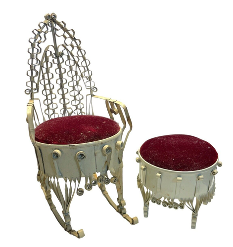 Vintage Pin Cushion Chair & Ottoman Folk Tramp Art Curled Tin Can Red ...