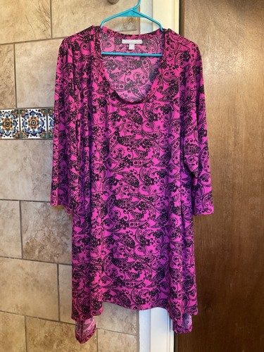 Woman Within 2X Round Neck 3/4 Sleeve Jewel Tone Magenta Shark Bite Hem ...