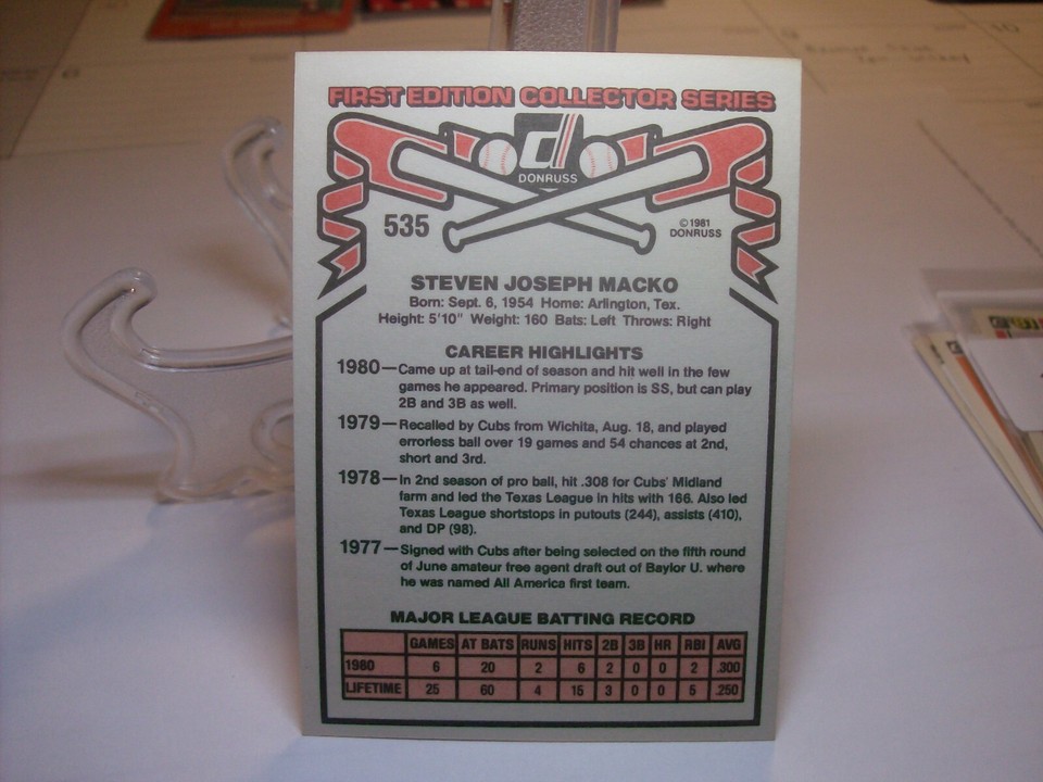 1981 Donruss Baseball Card #535 - Steve Macko - Chicago Cubs (98512) | eBay