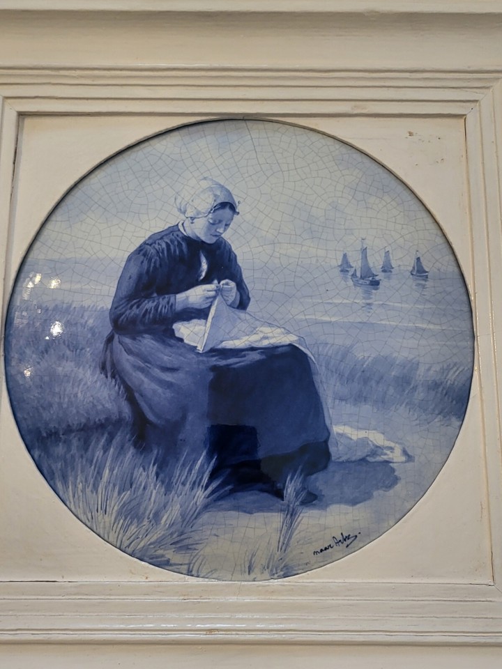 Antique Framed Royal Delft Round Plaque Signed Hand Painted Woman ...