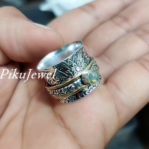 Fire Opal Round Gemstone 925 Sterling Silver Fidget Spinner Ring Women ...