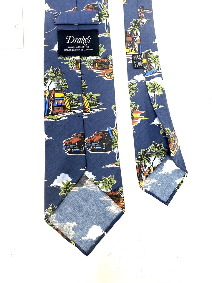 NWOT Drakes Made England Blue Madder Vintage Cars Palm Trees Print Silk ...