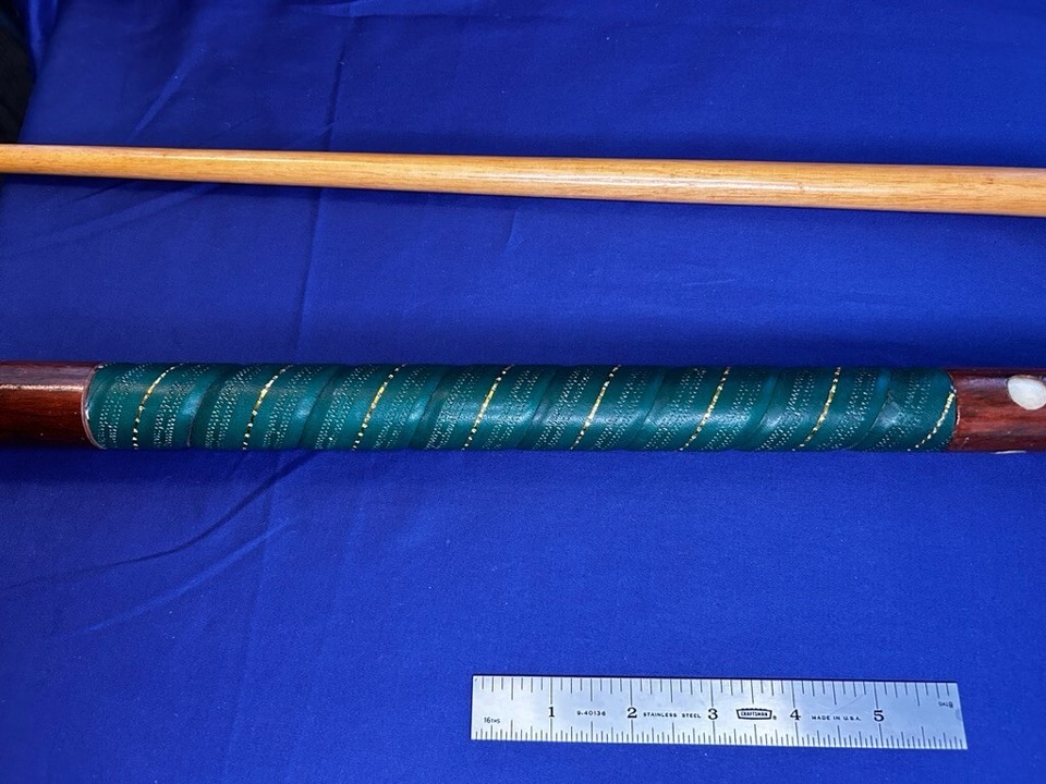 Vintage Unknown Pool Cue Mother of Pearl Inlay Green Leather Wrapped ...