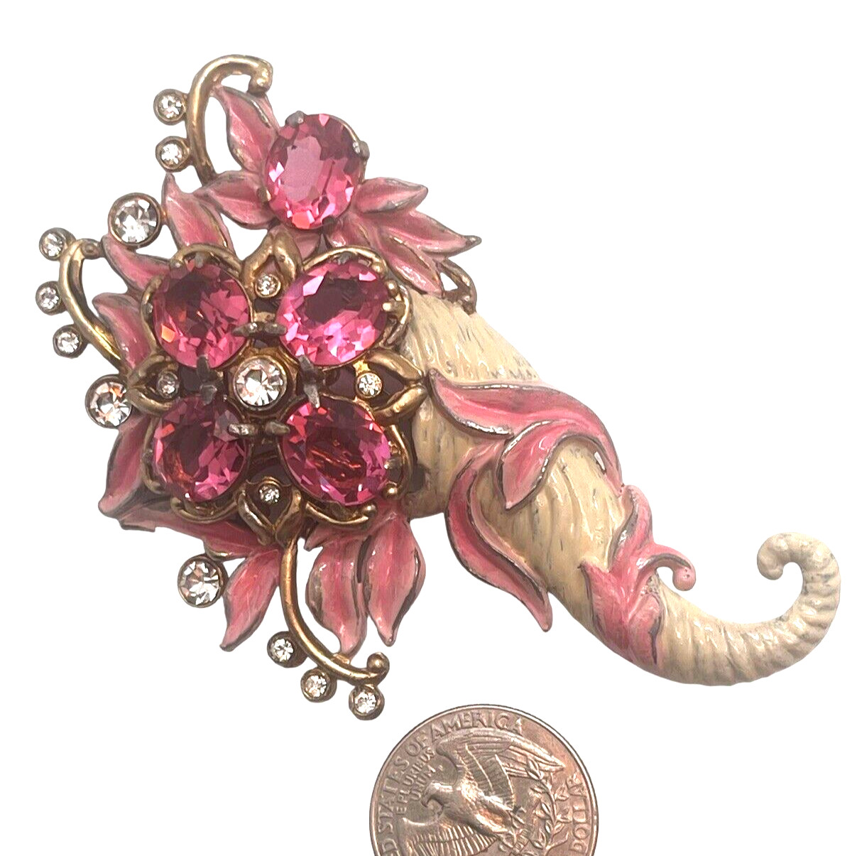 RARE Huge Enameled 1940's Vintage Cornucopia Brooch R… - Gem