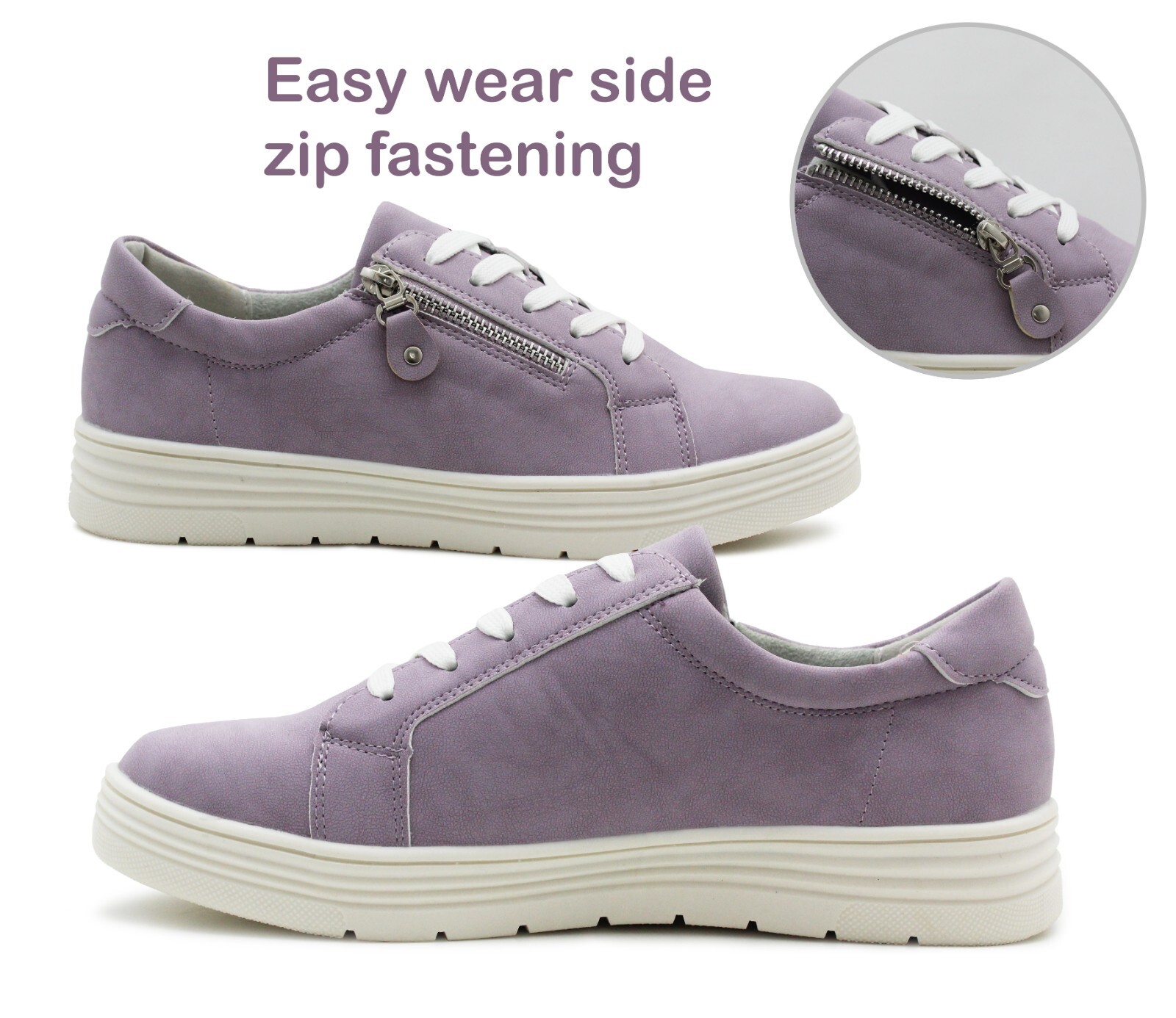 Womens Ladies Casual Flat Lace Up Fashion Trainers Side Zip Up Sneaker ...