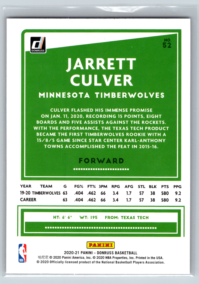 Jarrett Culver 2020 Donruss #52 Holo Orange Laser Minnesota ...