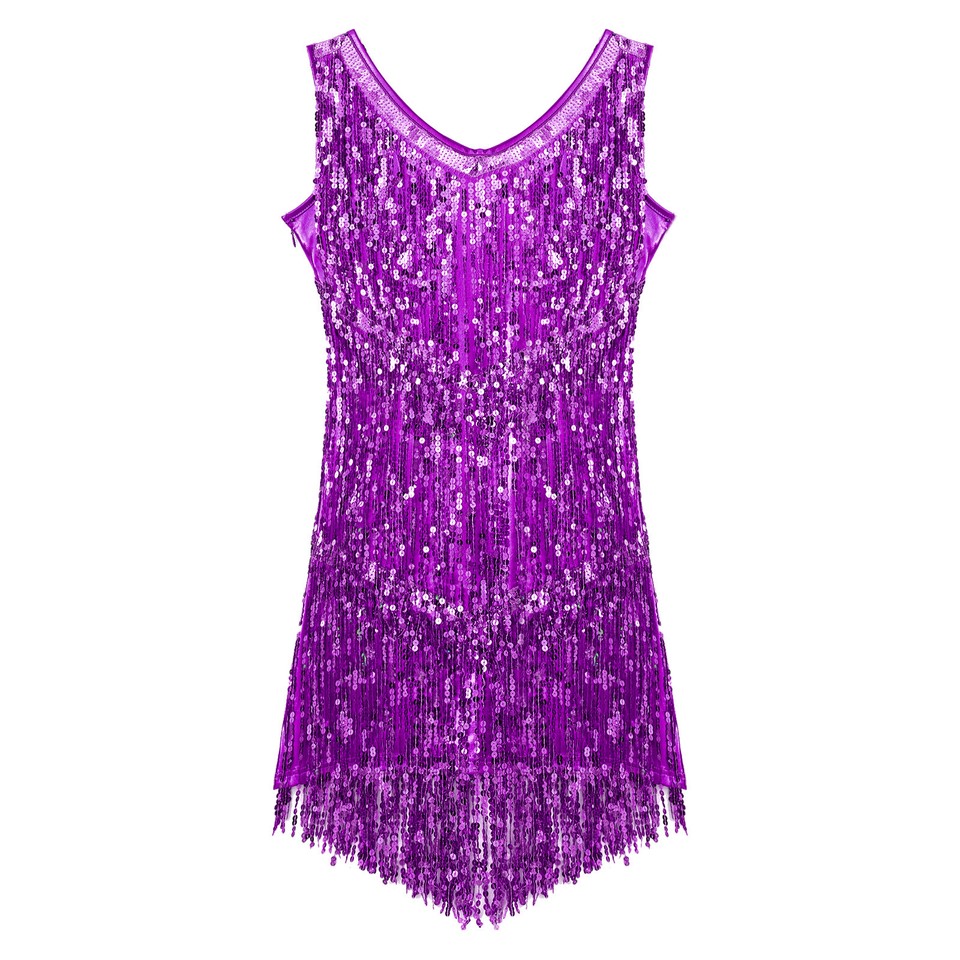 Womens Sequin Tassels Dress Samba Tango Latin Dancewear Flapper ...