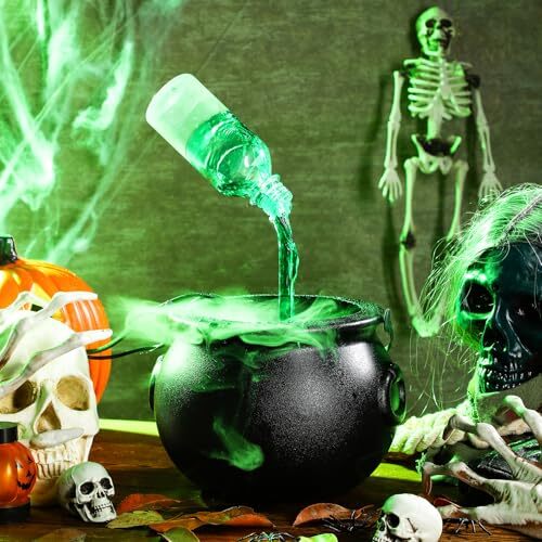 Halloween Witches Cauldron with Magical Floating Potion Bottles and Fog ...