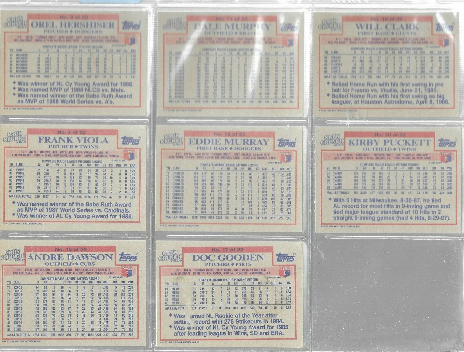 Lot of 8 1989 Captain Crunch Topps Hershiser Puckett Gooden Murphy ...