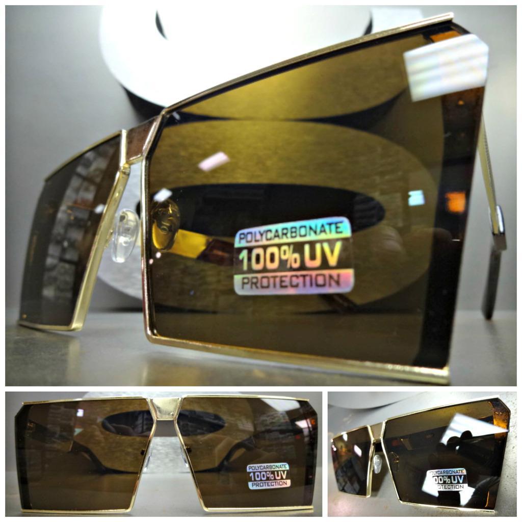 OVERSIZED CLASSIC VINTAGE RETRO SHIELD Style SUN GLASSES Gold Frame ...