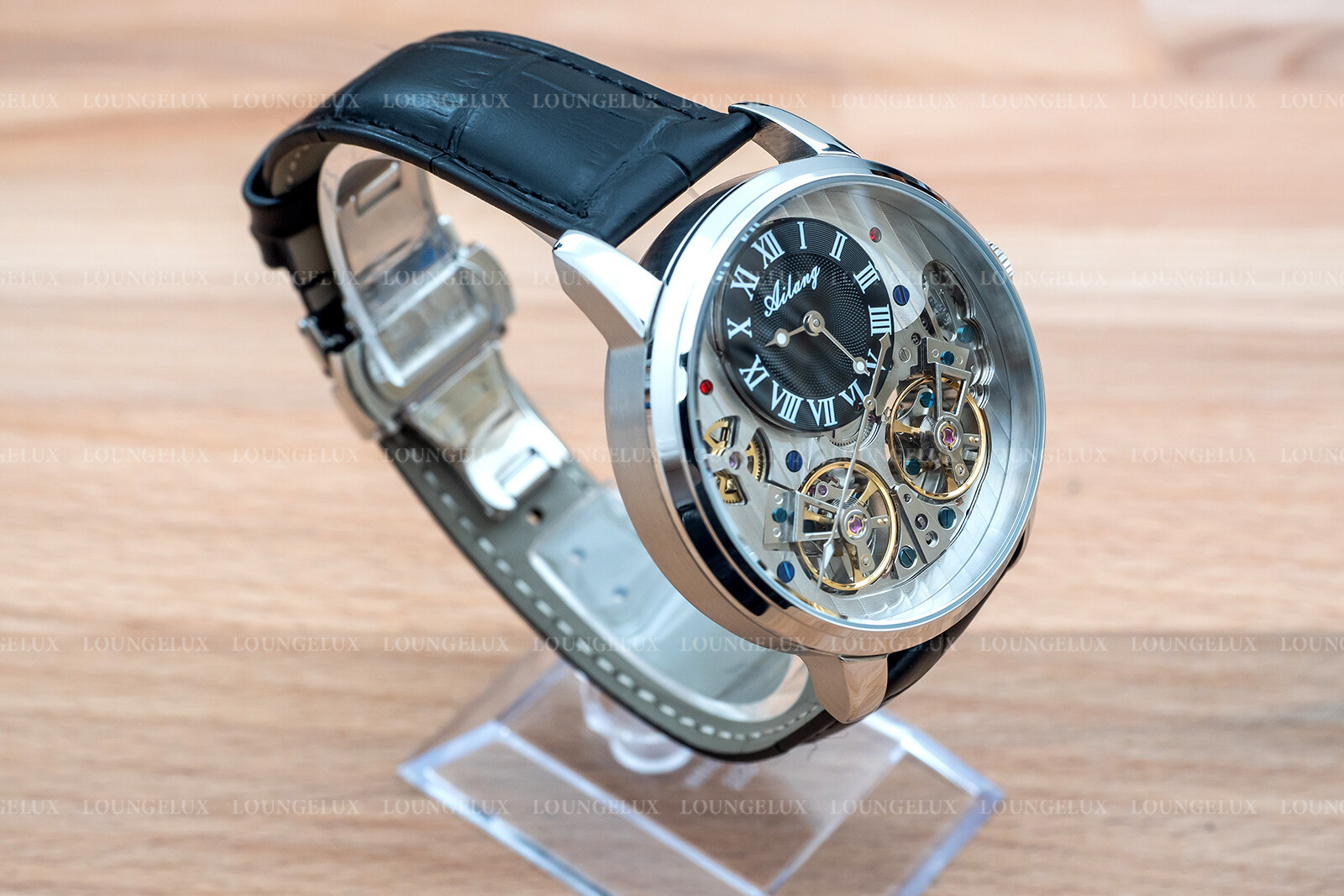 Mens Double Flywheel Automatic Mechanical Watch Silver Black Dial Black ...