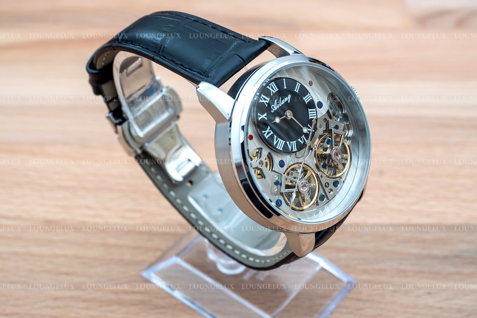 Mens Double Flywheel Automatic Mechanical Watch Silver Black Dial Black ...