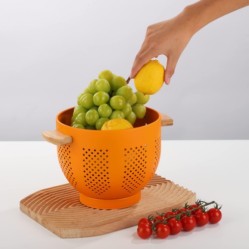 Metal Colander with Wood Handle and Stable Base, Powder Coated Steel ...