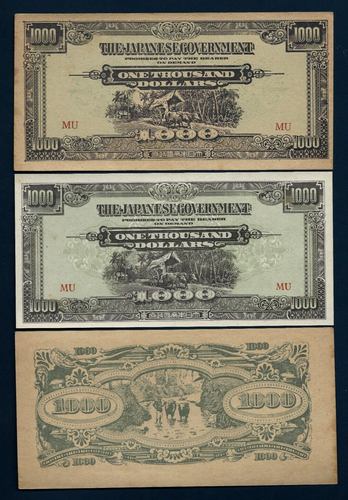 MALAYA 1000 DOLLARS M-10 1945 x 2 Diff Paper & Print RARE Set UNC JIM ...