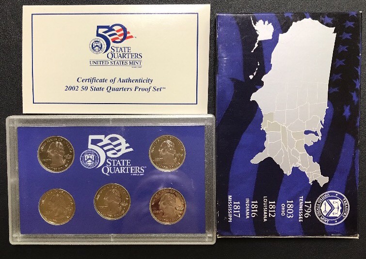 2002 S United States Mint Proof State Quarters 5 Coin Clad Set w/ Box ...