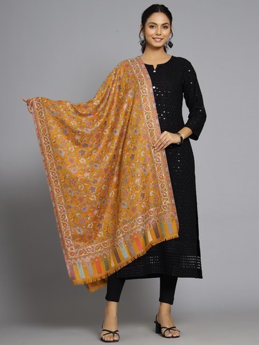 Large Wool Jamavar Shawl Hand-Cut Kani Mustard Floral Jamawar Pashmina ...