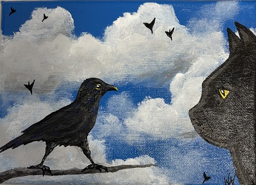 Original Pop Surrealist Painting by WAV Black Cat & Crow 5x7”Acrylic ...