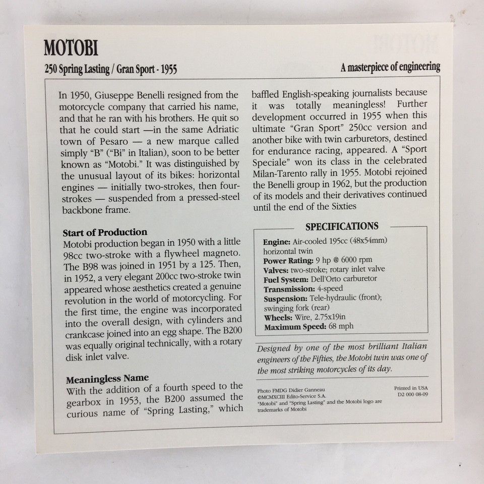 Motobi 250 Spring Lasting Gran Sport - 1955 Spec Sheet Info Card | eBay