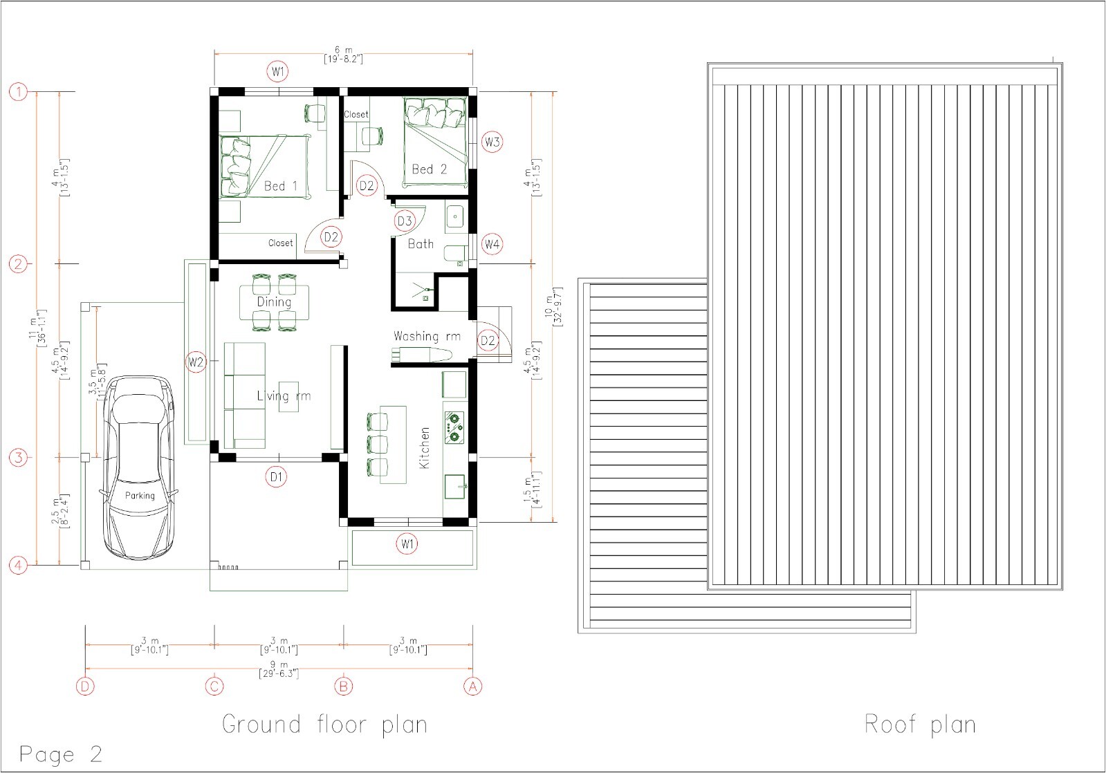 30x36 Feet House Design Plans 9x11 Meter 2 Bed 1 Bath Hidden Roof (A4 ...
