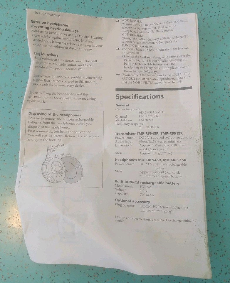 Sony TMR-RF915R RF Stereo Transmitter With MDR-RF915R Wireless ...