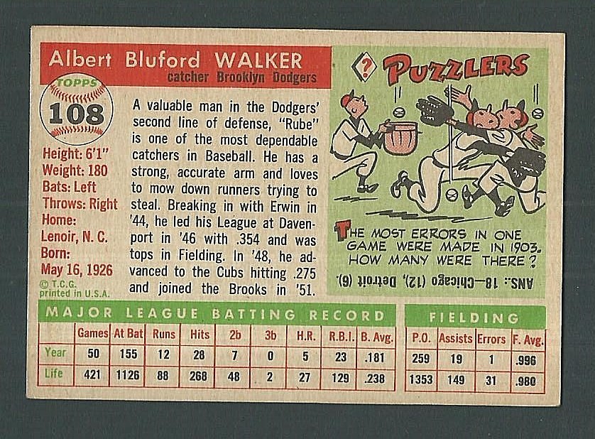 Rube Walker Brooklyn Dodgers 1955 Topps Card #108 | eBay