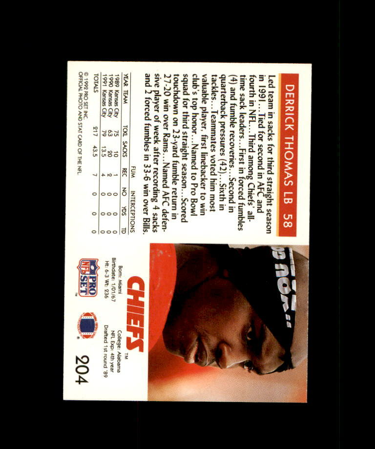 DERRICK THOMAS FOOTBALL CARD KANSAS CITY CHIEFS PRO SET 1992 #204 | eBay